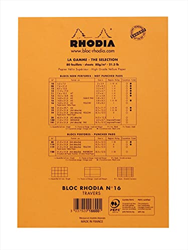 Rhodia Classic French Paper Pads Ruled with Margin 6 in. x 8 1/4 in. Orange (16600C)