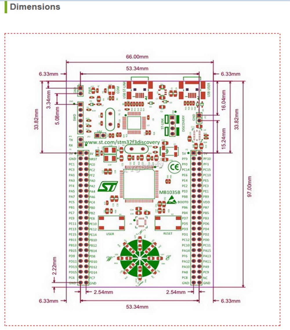 XYG-ST STM32F3DISCOVERY ST STM32F303VCT6 STM32 F3 ARM Cortex-M4 MCU Discovery Evaluation Development Board kit with USB, ST-LINK/V2 debugger, Accelerometer, Gyroscope, E-compass, LEDs, Pushbuttons