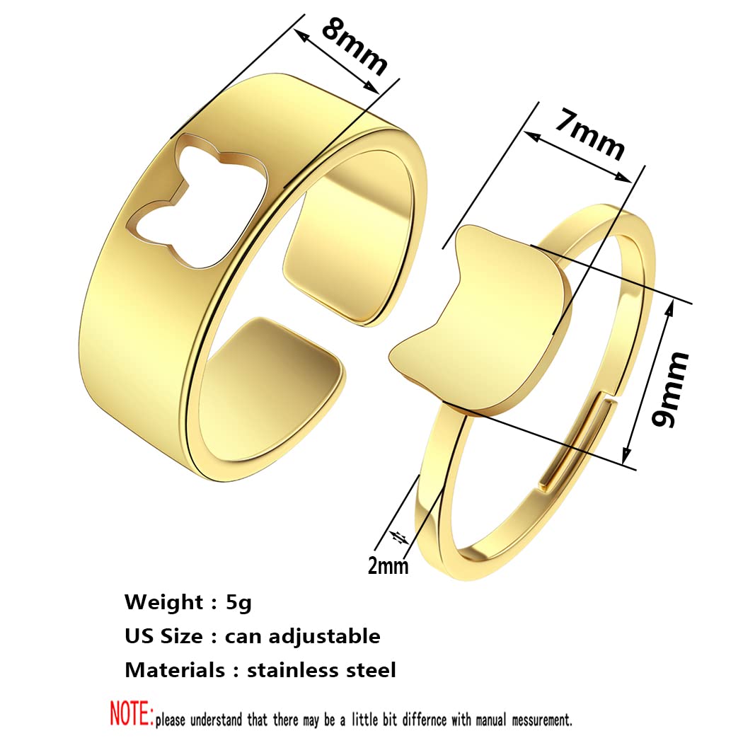 Chereda 2PCS Matching Cute Animals Promise Engagement Rings Lovers Gift for Couples Boyfriend Jewelry 316L Stainless Steel Adjustable Open Ring (Cat-g, Adjustable)