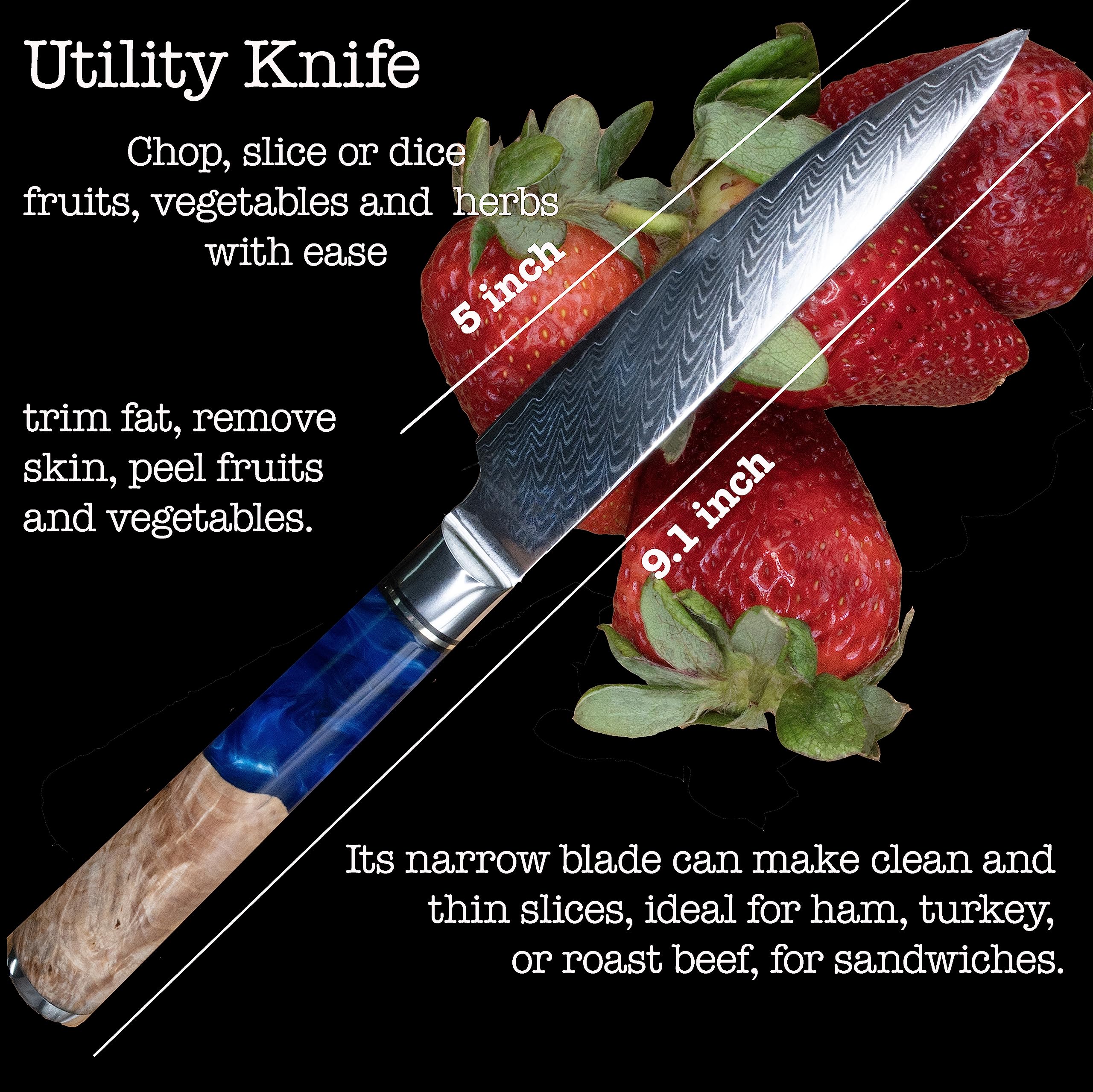 Damascus Kitchen Knife Set 3 piece, 67 Layer Handmade Damascus VG10 Steel Core Forged, 8" Chef Knife, 7,5" Serrated Knife, 5" Utility Knife, Resin Wood Handle, Gift Box Included