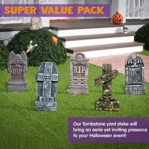 JOYIN 17β Halloween Foam RIP Graveyard Tombstones (5 Pack), Yard Sign Headstone Decorations and 12 Bonus Metal Stakes for Halloween Yard Outdoor Indoor Decorations