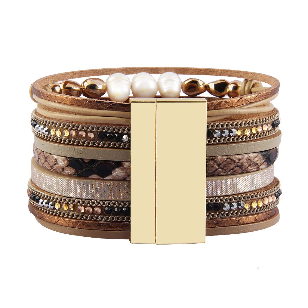 AZORA Leather Cuff Bracelet Multi Strands Beige Wrap Bangle with Pearl Boho Jewelry for Women Christmas Gift