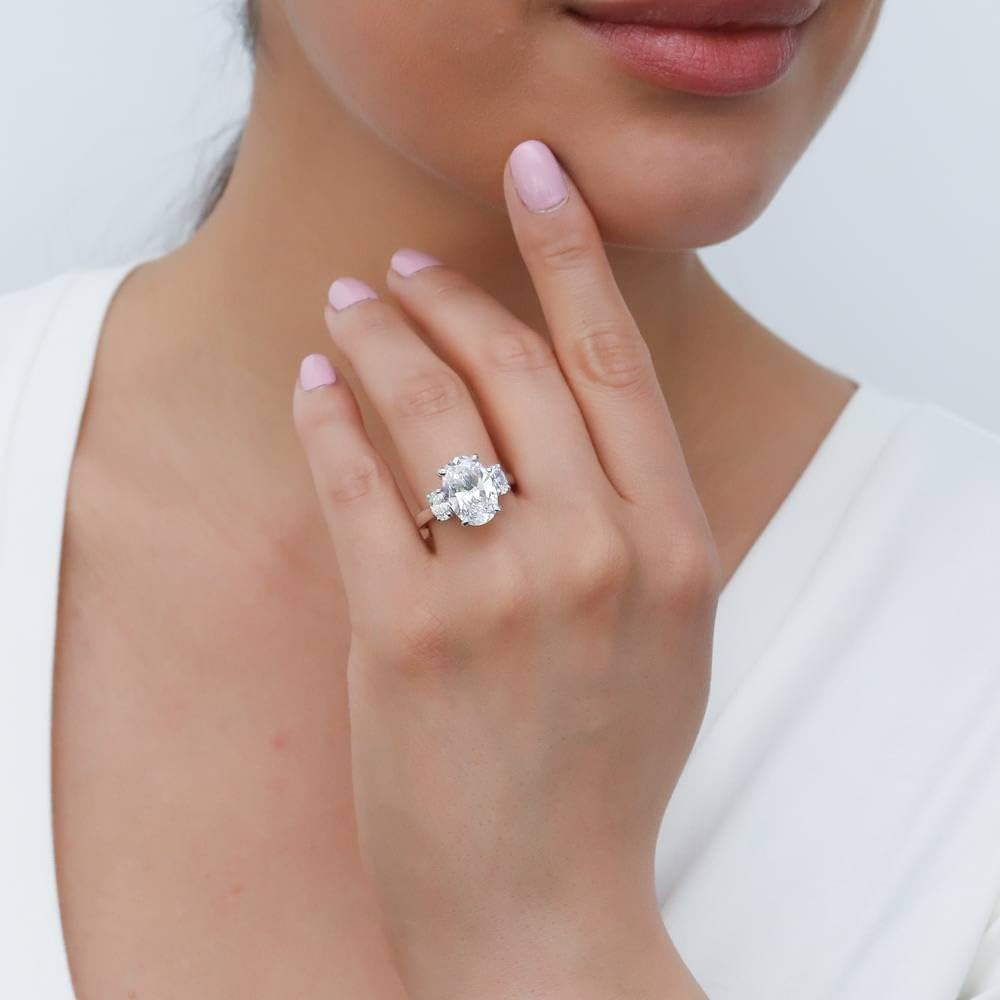 BERRICLE Sterling Silver 3-Stone Wedding Engagement Rings Oval Cut Cubic Zirconia CZ Statement Cocktail Anniversary Ring for Women, Rhodium Plated Size 5