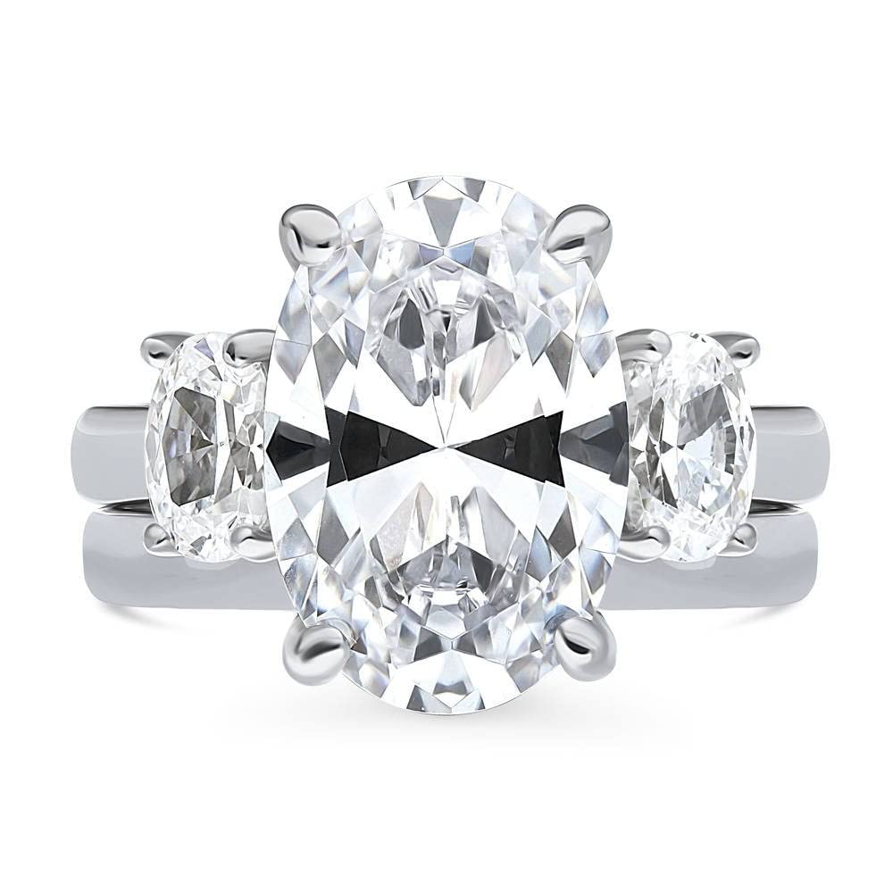 BERRICLE Sterling Silver 3-Stone Wedding Engagement Rings Oval Cut Cubic Zirconia CZ Ring Set for Women, Rhodium Plated Size 6