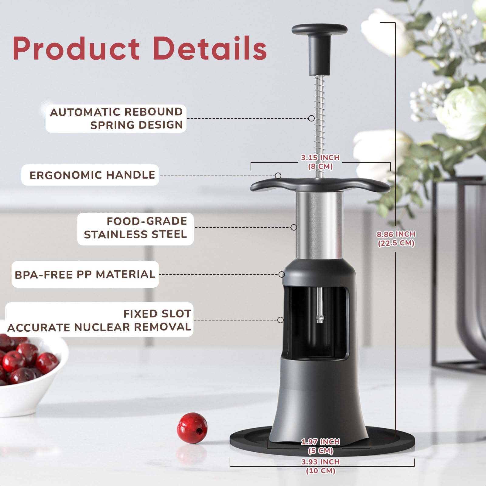Cherry Pitter Remover Tool, Premium Quick Release Cherry Pitter, 2 in 1 Press & Push Type, Large 33mm Cherry Seed Remover, Durable, Food Grade Stainless Steel & PP Plastic, More Labor Savingļ¼Black)