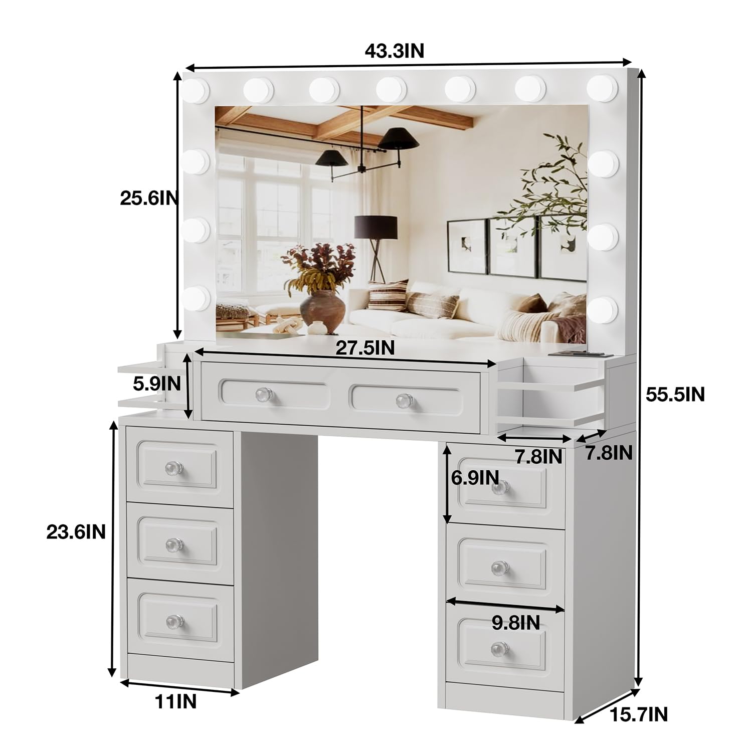 FURNJOYLIFE Farmhouse Makeup Vanity Desk with Lighted Mirror & Power Outlet, Vanity Dresser Table with 3 Lighting Modes Brightness Adjustable,7 Drawer,2 Shelves,Hair Dryer Stand for Bedroom,White