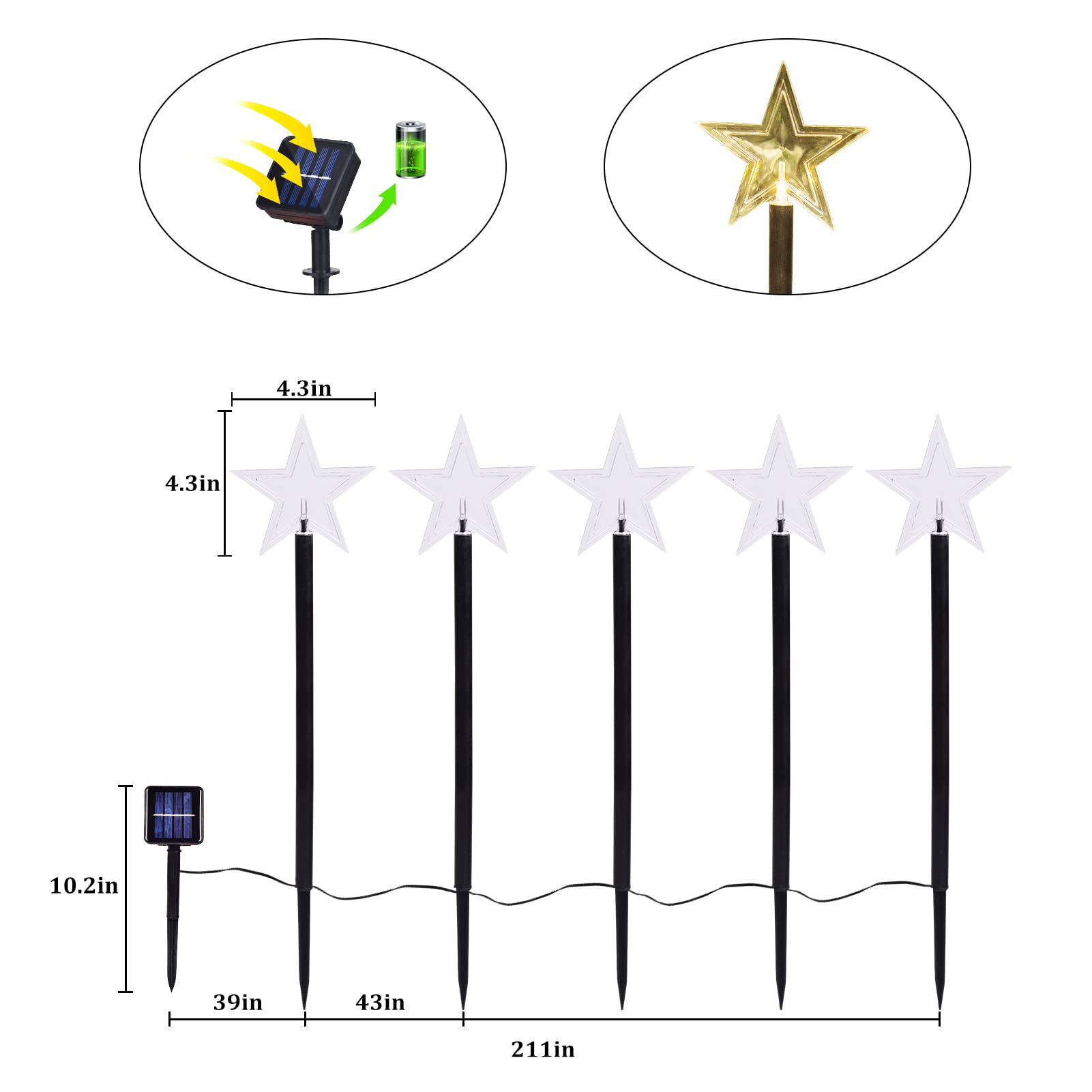 Solar Christmas Lights Outdoor, Energy Saving Waterproof Solar Powered Stake Lights, 2 Lighting Modes Christmas Decorations for 4th of July Home, Pathway, Garden, Walkway, Yard, Lawn, Patio (5 Stars)