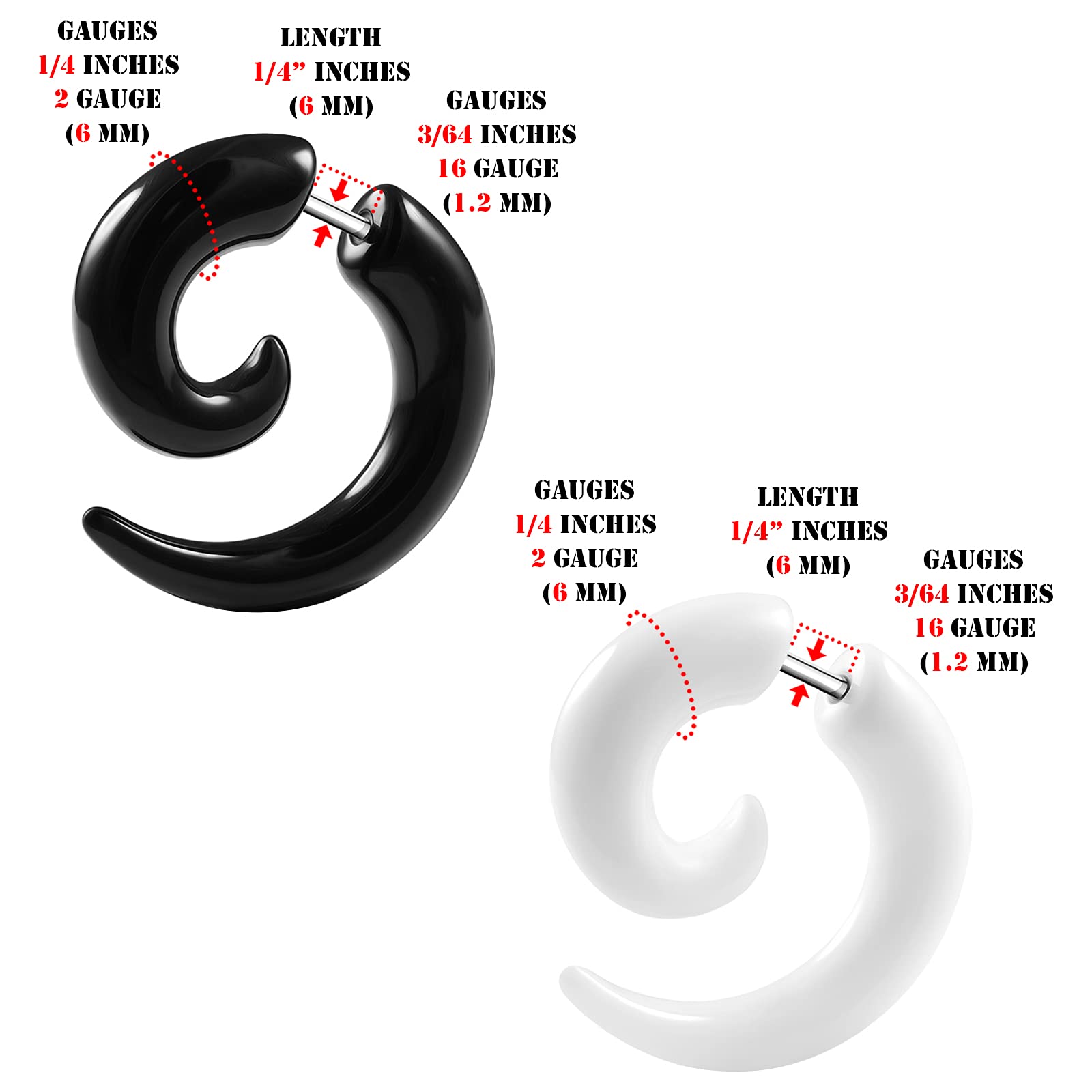 BIG GAUGES 2 Pairs Acrylic 16g Gauge 1.2mm 1/4 (6mm) Black White Taper Sprial Shaped Piercing Fake Ear Plug Cheater Earring Lobe BG2921