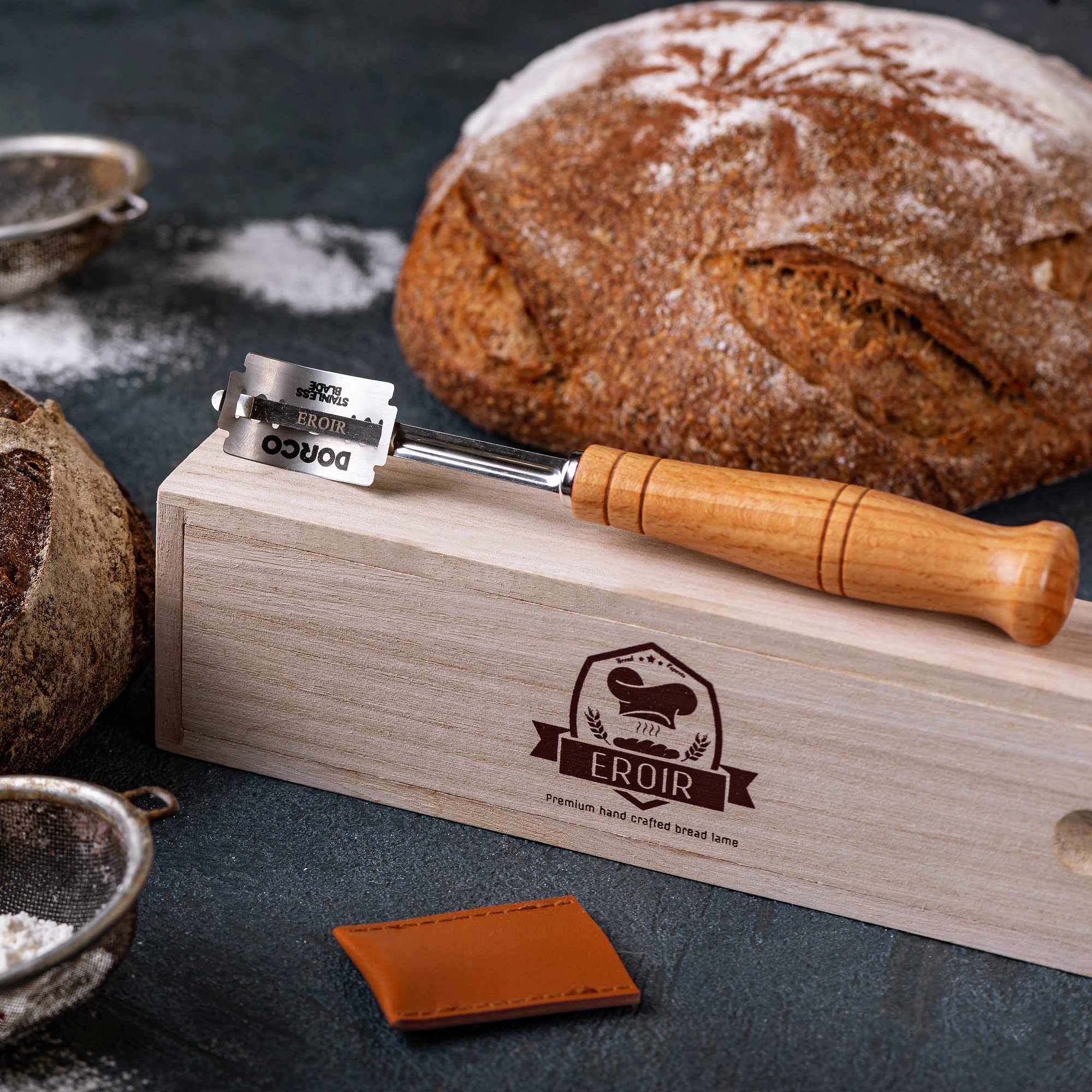 EROIR Hand Crafted Bread Lame Dough Scoring Tool in Wooden Storage Box for Sourdough Bread Baking - Dough Scoring Knife with 10 Extra Blades and a Protective Leather Cover