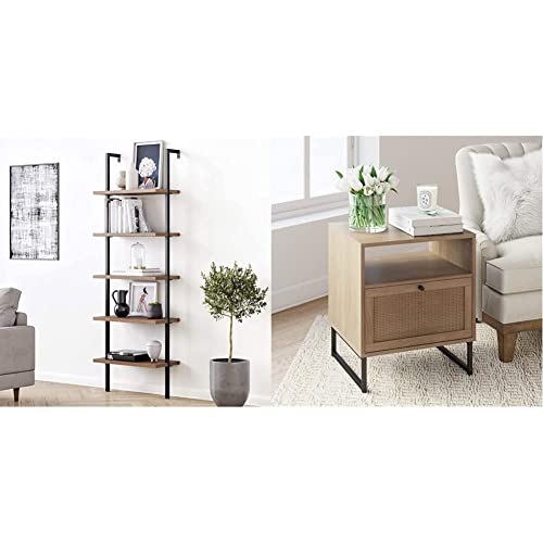 Nathan James Theo 5-Shelf Oak Wood Modern Bookcase, Open Wall Mount Ladder Bookshelf & Matte Black Accents with Storage for Living Room or Nightstand for Bedroom, Oak/Black