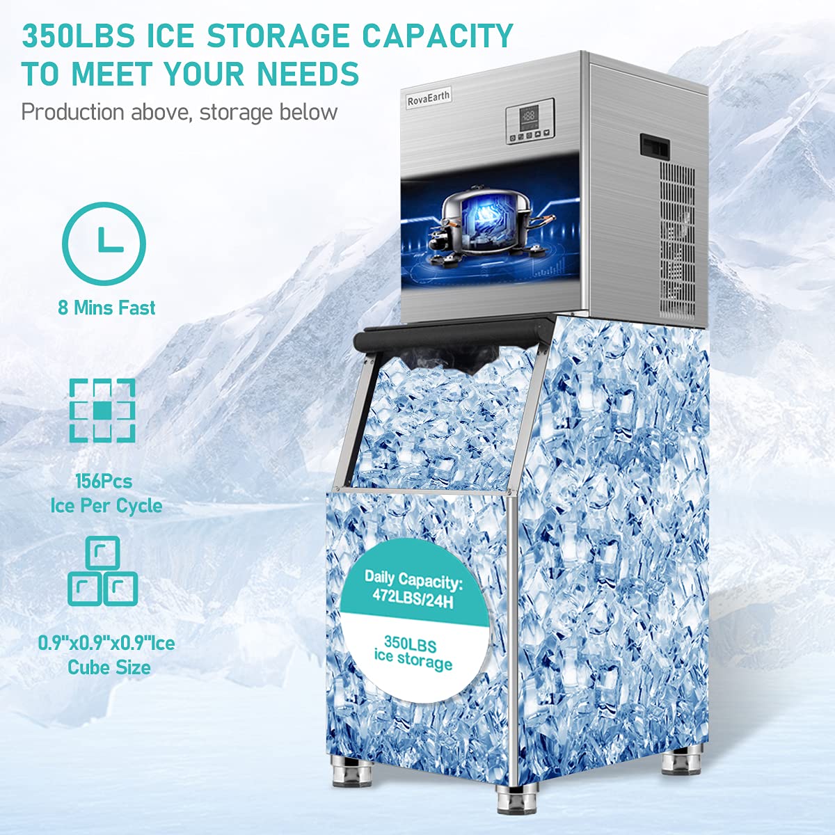 Commercial Ice Maker, SodaPer 110V Automatic Ice Making Machine Stainless Steel 472 lbs/24H, Storage Capacity 350 lbs, Freestanding Ice Maker Machine for Office/Restaurant/Bar/Coffee