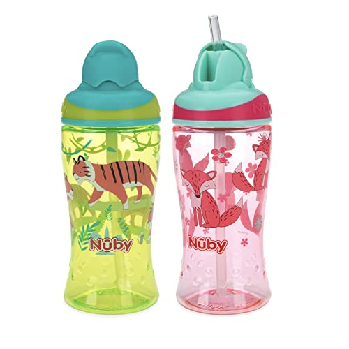 Nuby 2pkThirsty Kids No-Spill Flip-it Printed Boost Cup with Thin Soft Straw - 12oz, 18+ Months, 2pack Print May Vary
