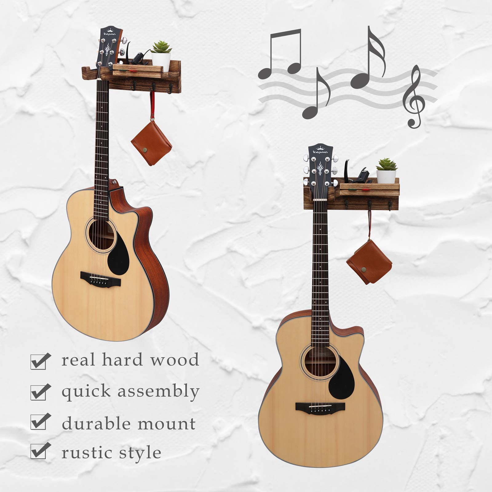 WELLAND Guitar Wall Hanger Guitar Holder Wall Mount, Guitar Accessories Rack with Pick Holder & 3 Hooks