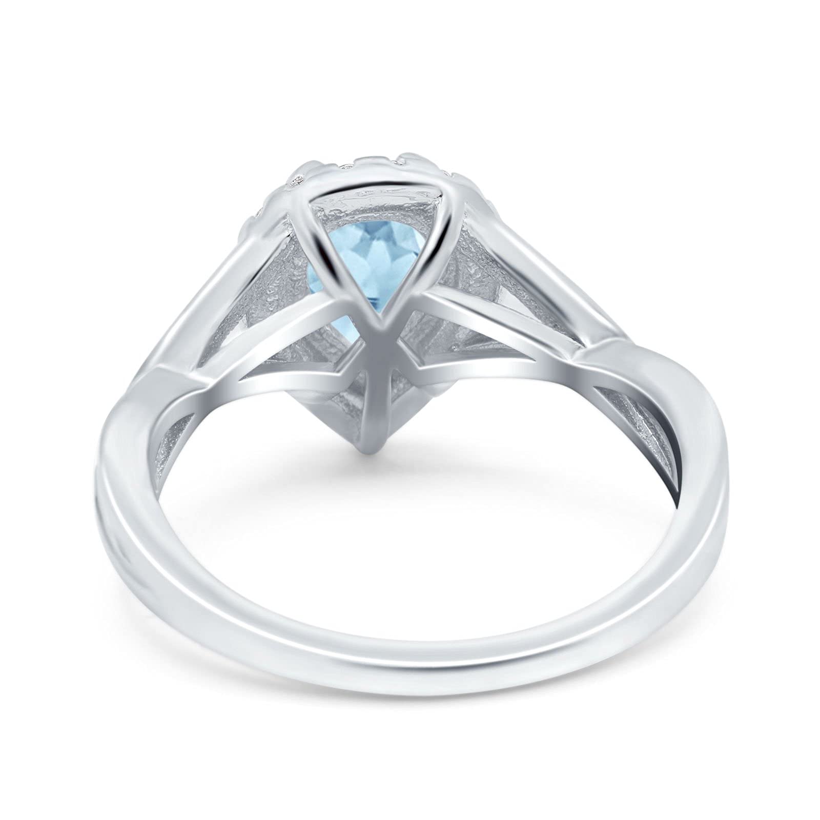 Blue Apple Co. Simulated Aquamarine Cubic Zirconia Size-8 Teardrop Pear Halo Twist Infinity Shank Art Deco Engagement Wedding Bridal Ring Round Simulated CZ 925 Sterling Silver