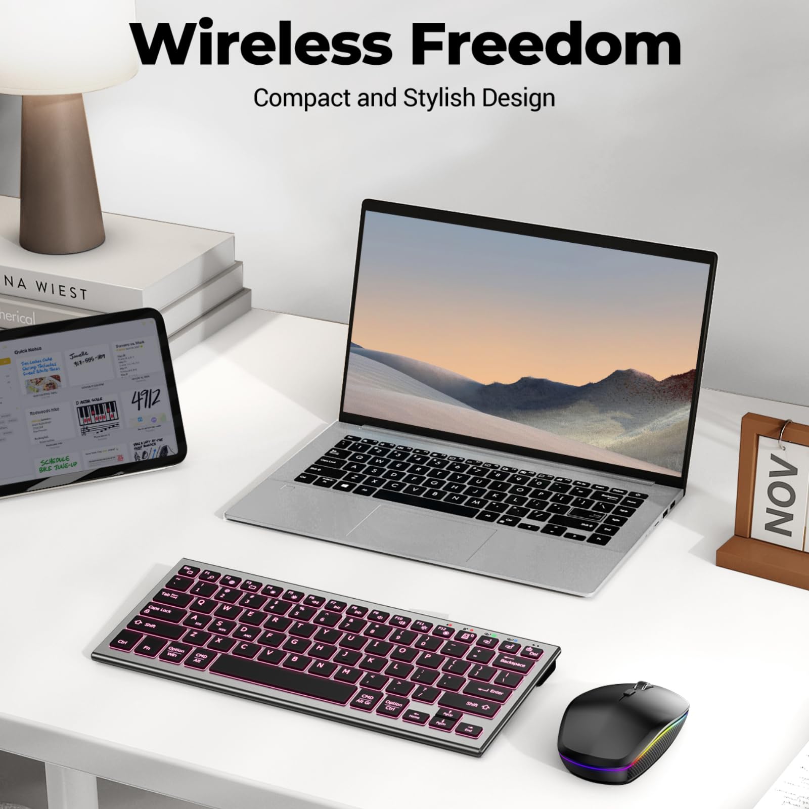 FENISIO Wireless Keyboard Mouse, Ultra Slim Bluetooth 2.4G Slient Wireless Keyboard and Mouse Combo with Backlit, Multi-Device USB Rechargeable Keyboard Mouse for Laptop PC Windows Desk (Silver White)