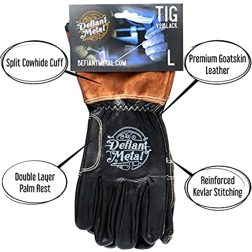 Defiant Metal TIG Welding Gloves - Premium Black Goatskin Leather (Large)