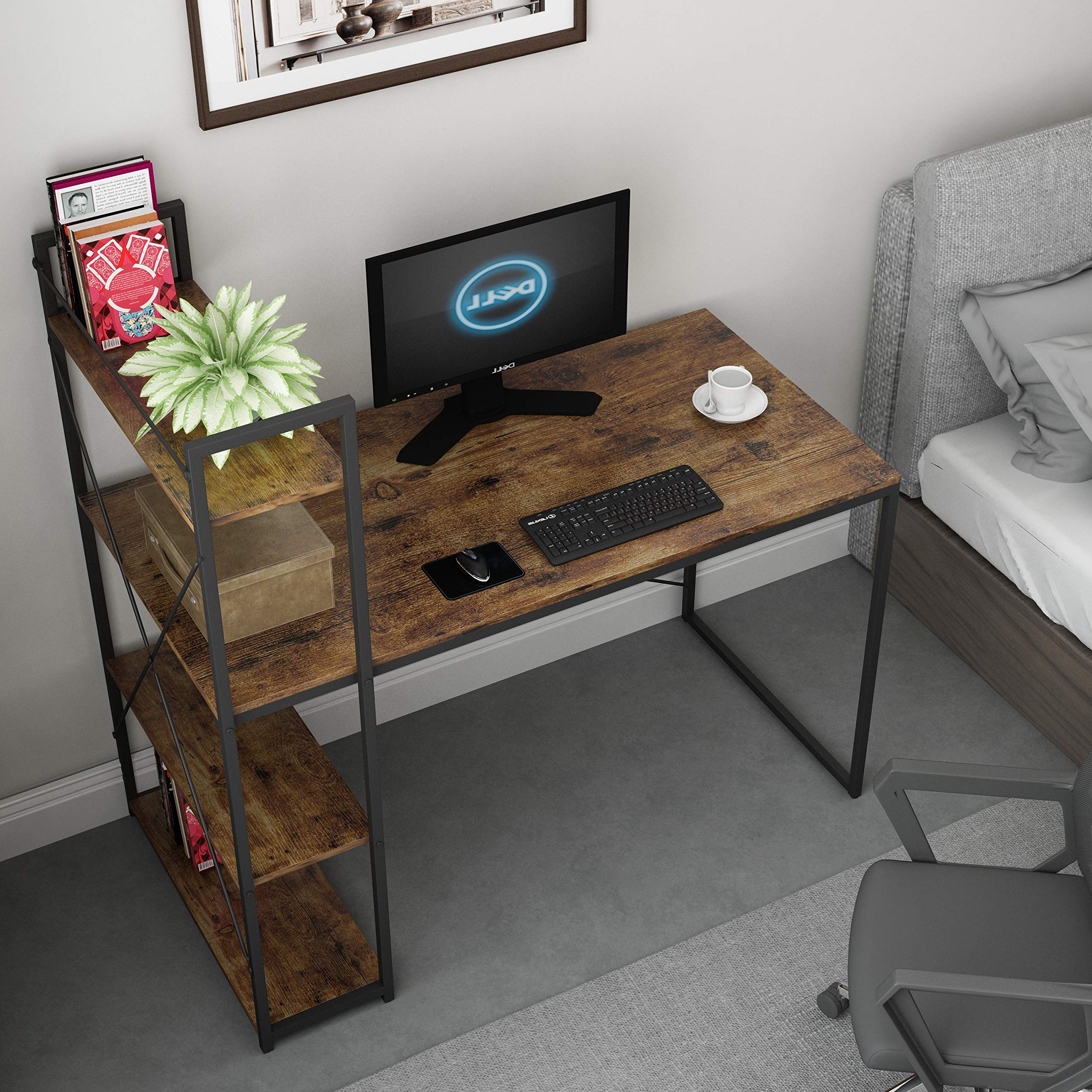 Computer Desk with Three Shelves 47 Inch,Home Office Desk with Storage Bookshelf, Study Writing Desk Industrial Style PC Laptop Table,Easy Assemble (Multi)