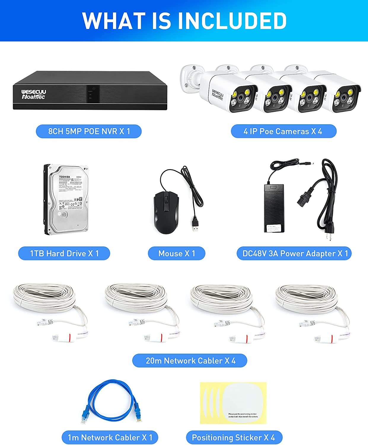 NOAHTEC 4MP PoE Security Camera System, 4Pcs CCTV Security Cameras System 2K IP Home Security Cameras with 8CH 8MP 4K NVR &Hard Drive 1TB, Person VehicleDetection, Two-Way Audio, 100ft Night Vision