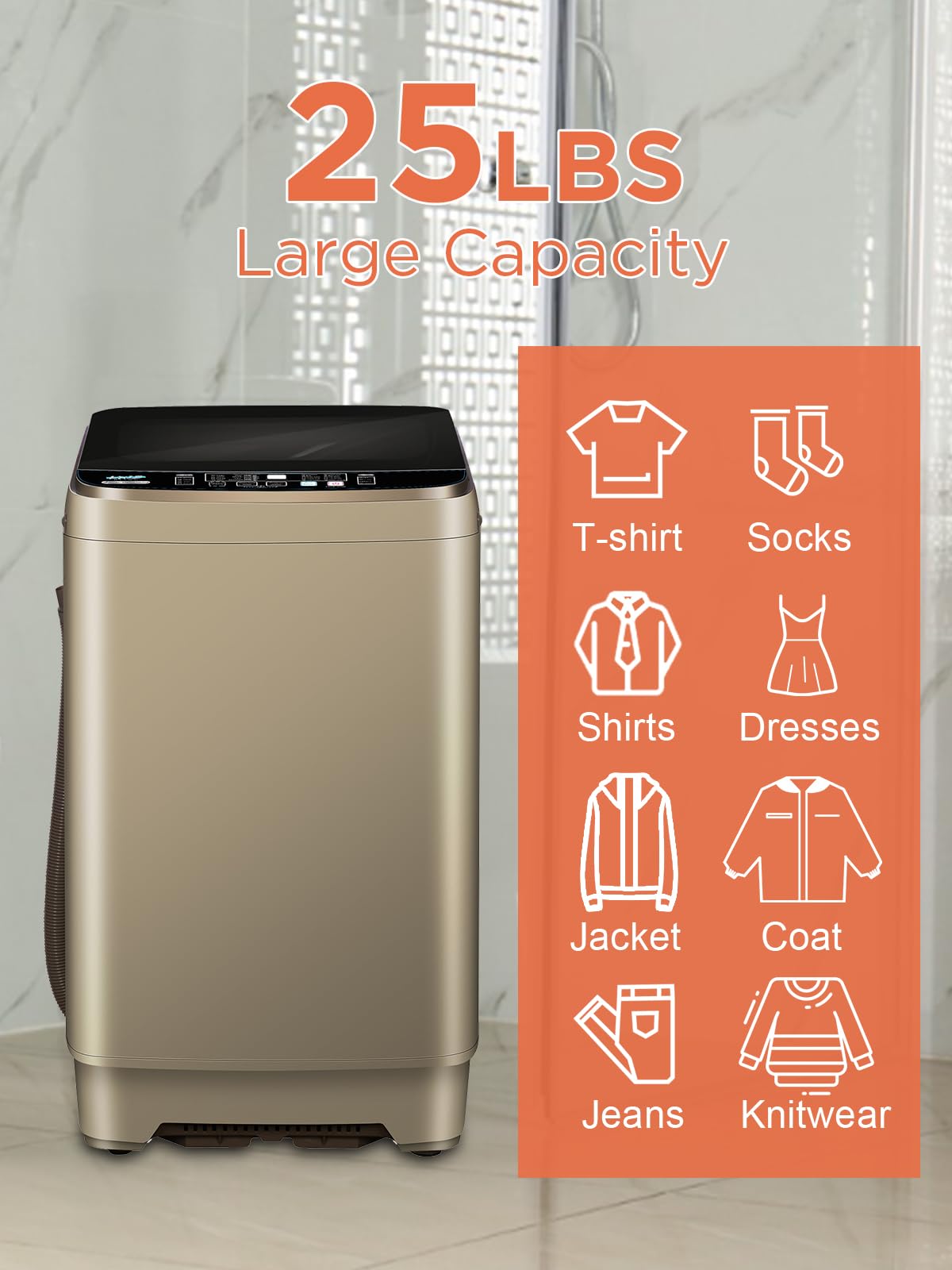KRIB BLING Full Automatic Washing Machine with LED Display, 25 lbs Portable Washer Drain Pump, 10 Programs & 8 Water Levels Selections, Ideal for RV, Camping, Apartment, Dorm, Dark GOLD