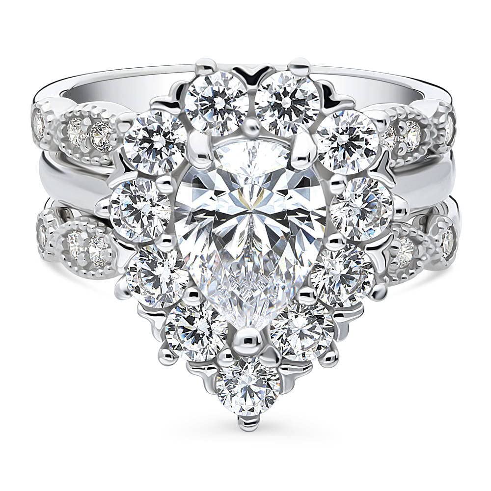BERRICLE Sterling Silver Halo Wedding Engagement Rings Pear Cut Cubic Zirconia CZ Ring Set for Women, Rhodium Plated Size 8