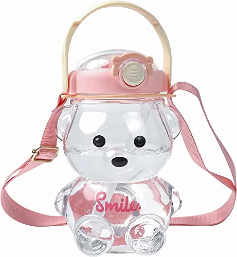 JRIQH Kawaii Bear Straw Bottle,Leak-Proof Water Bottle with Adjustable & Removable Shoulder Strap for Boy and Girls (pink)