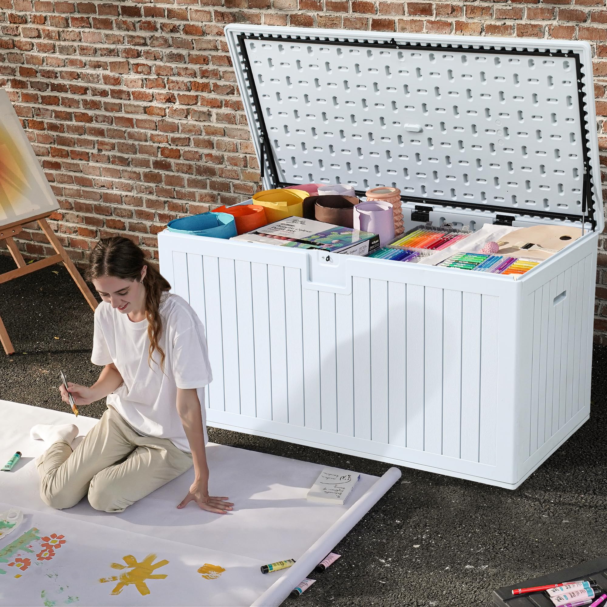 DWVO 90 Gallon Double-Wall Deck Box, Large Resin Outdoor Storage Box, Lockable & Waterproof, Double as Seating, 450lbs Capacity (Grayish-White)