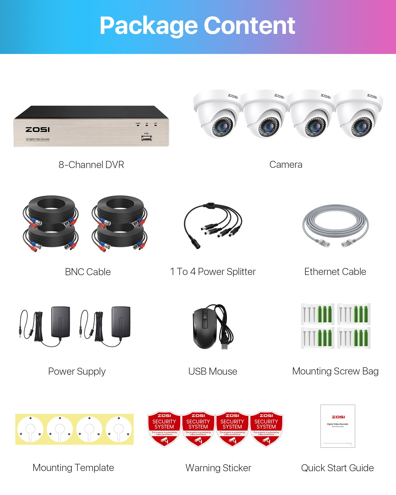 ZOSI 3K Lite 8CH H.265+ Home Security Camera System with AI Human/Vehicle Detection,Night Vision,5MP Lite 8 Channel CCTV DVR,4pcs 1080P 1920TVL 2MP Outdoor Indoor Surveillance Dome Cameras (No HDD)