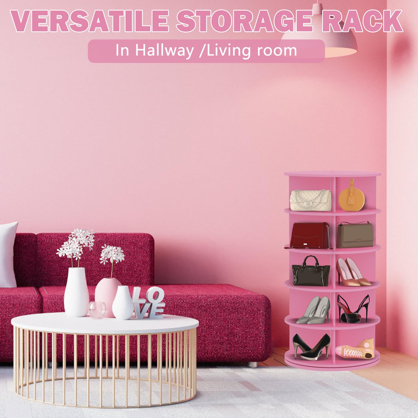 DOLEMODUO 5 Tier Rotating Shoe Rack Storage Tower, 360° Revolving Pink Spinning Shoes Display Rack Round Carousel for Entryway Hallway