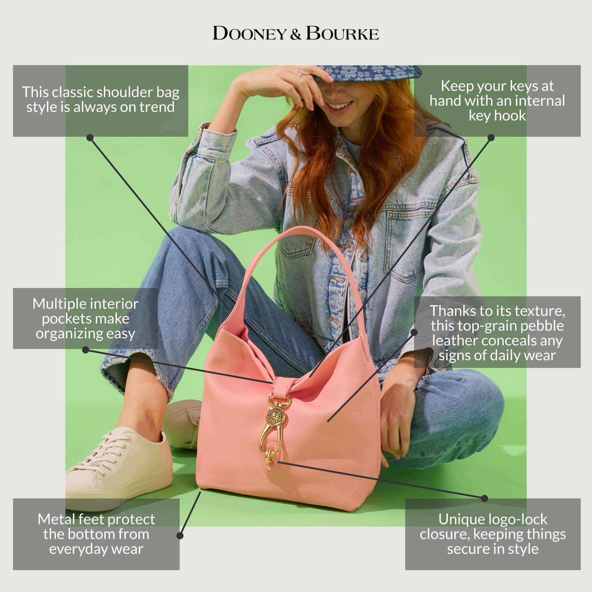 Dooney & Bourke Women's Small Logo Lock Sac Shoulder Bag in Pebble Grain Leather, with Signature Logo Lock Closure, Teal