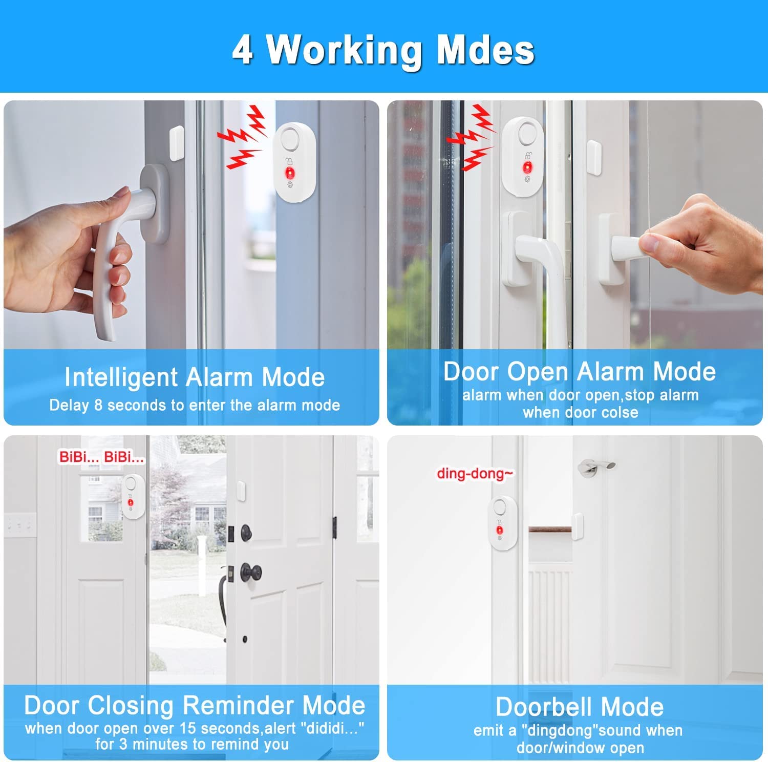 Door Alarm for Home Security, Door Open Alarm Sensor for Kids Safety Dementia Patients Window Alarm Sensor 125dB 4 Working Modes, Alarm System for Home Garage Apartment Office(Battery not Included)