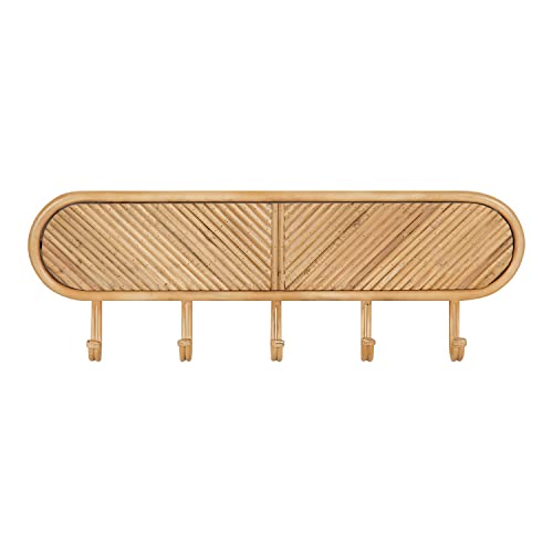 Kate and Laurel Tioga Boho Rattan Wall Mounted Coat Rack, 20 x 3 x 8, Natural Wood, Five Decorative Coat Hooks and Hat Rack with Trendy Rattan Wrapped Capsule Base for Boho Wall Decor