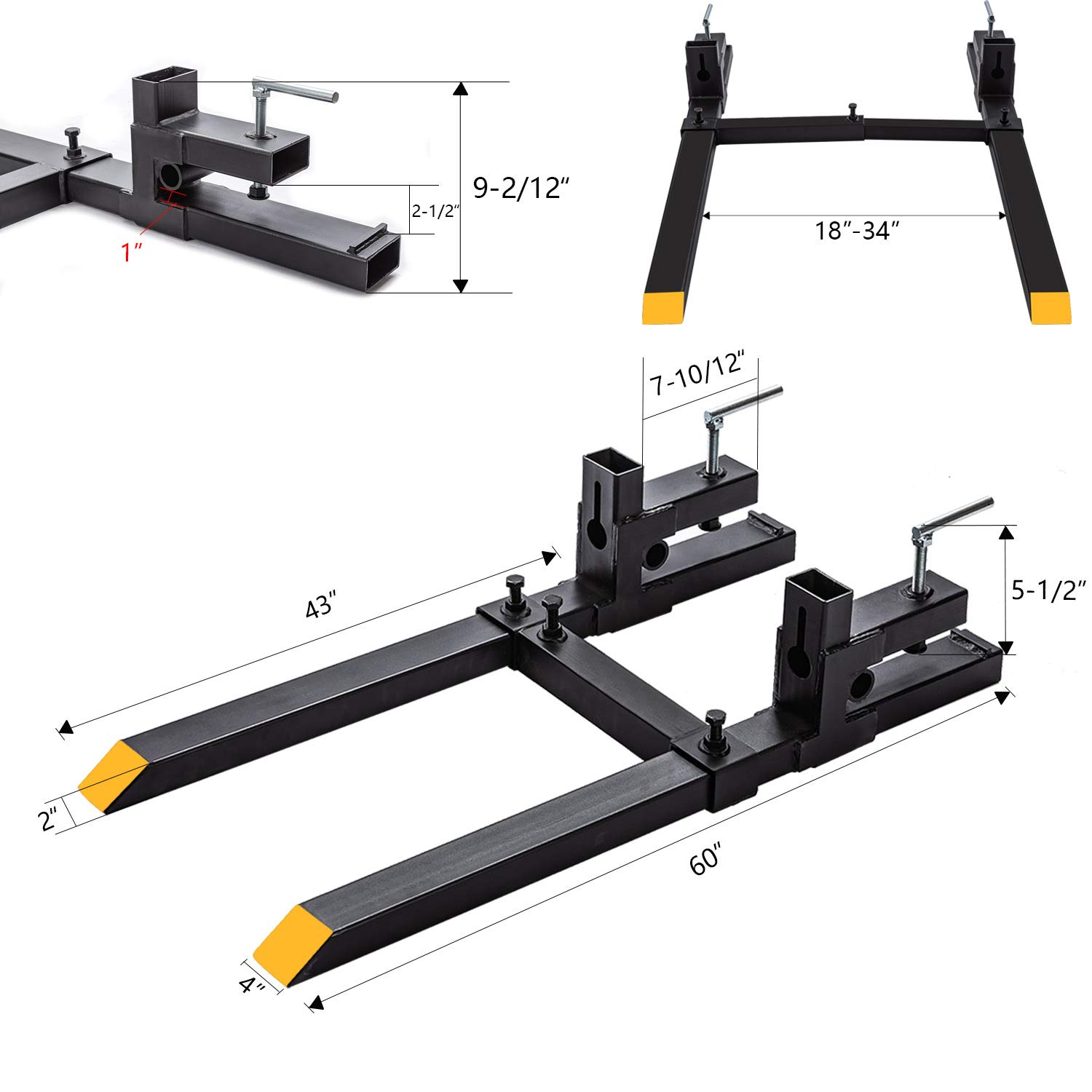 Clamp on Pallet Forks w/Adjustable Stabilizer Bar -60" 2000lbs Max- Pallet Forks Clamp On for Tractor Bucket (60inch Total Length)