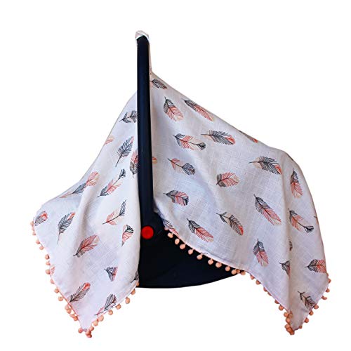 Car Seat Covers for Babies, Car Seat Canopy, Unisex Large Lightweight Breathable Cotton Muslin Canopy, Suitable for Four Seasons (Little Feathers)