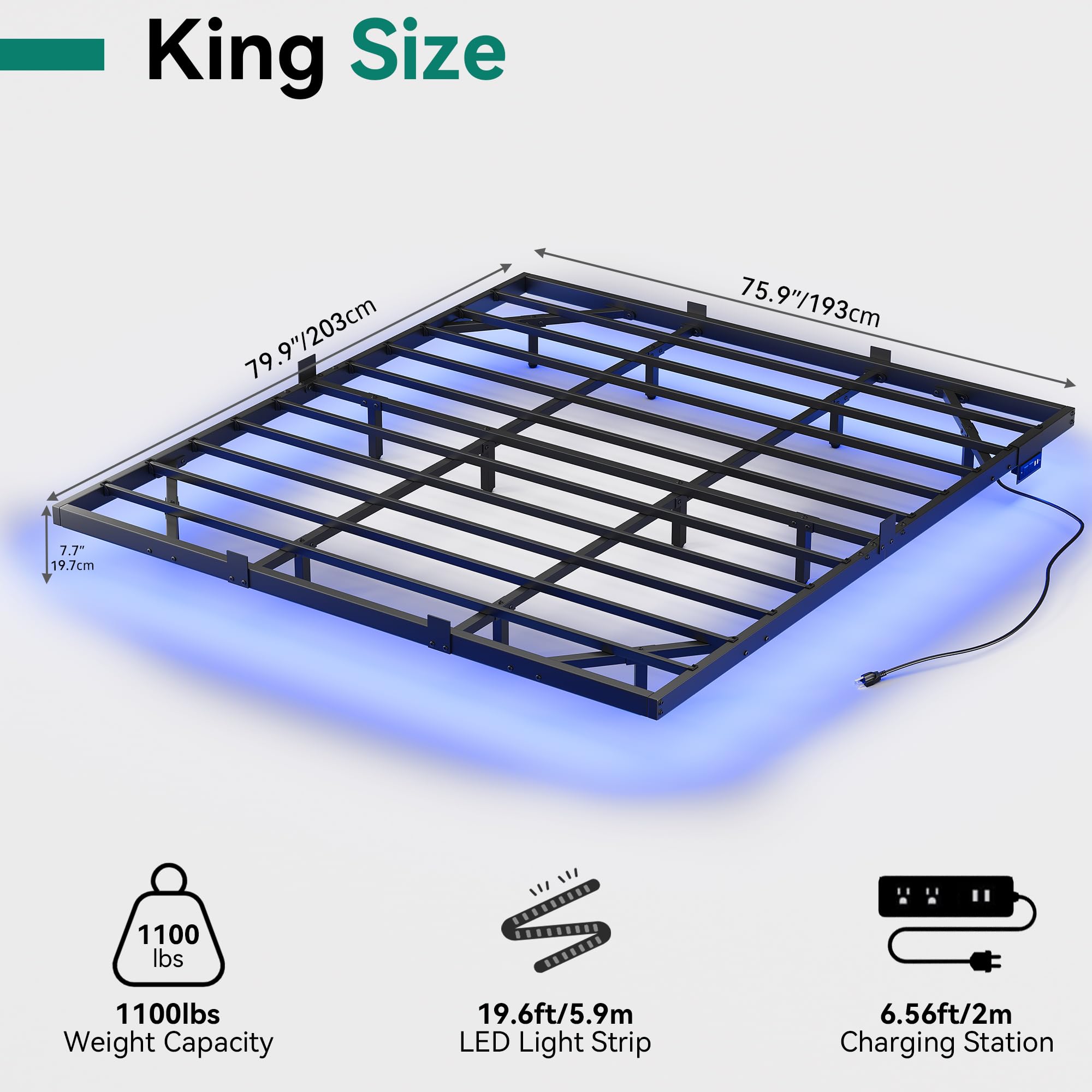 DWVO King Size Floating Bed Frame with Charging & LED Lights, King Metal Platform Bed with Sturdy Steel Slats, No Requirement for Box Spring, Simple Assembly, Black