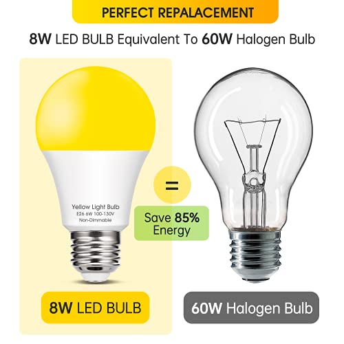 Flaspar Yellow Light Bulbs, 60W Equivalent Bug Light Bulb, E26 Base, A19 Yellow LED Bulb, No Blue Light, Decorative Lamps for Home, Hallway, Halloween, Christmas, Party, Holiday, 2 Pack