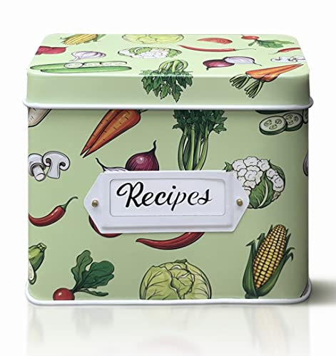 Complete Kitchen Recipe Box Set with 36 Cards, 12 Dividers & Wooden Card Holder | Recipe Card Organizer, Decorative Metal Recipe Tin Set for 4x6 Cards