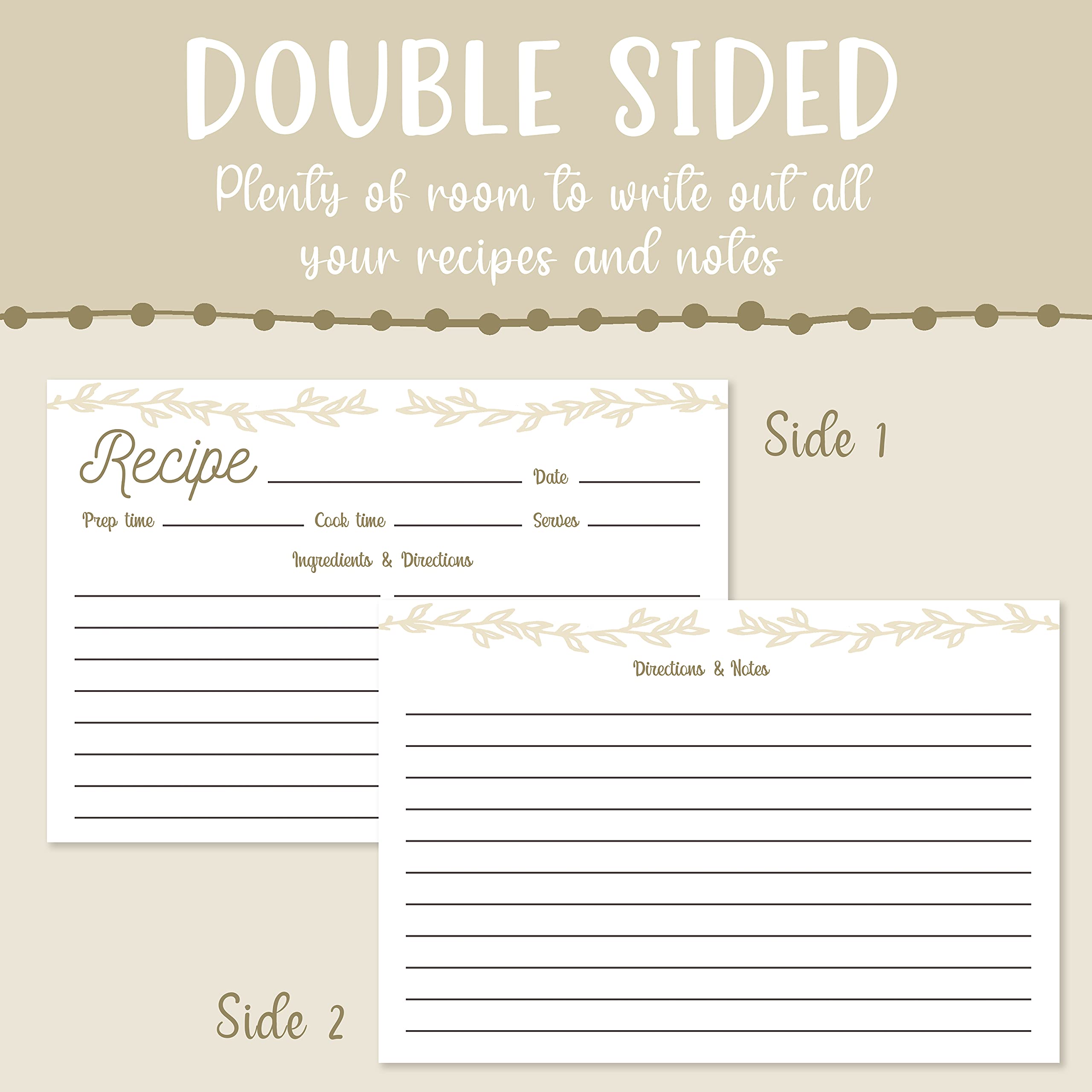 Dekali Designs Rustic Recipe Cards 4x6 Inches (50 Pack) Double Sided Index Cards with Cute Floral Design
