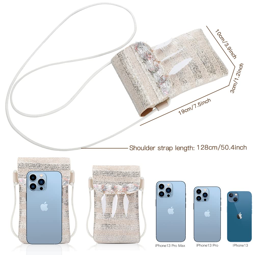 Soleebee Boho One Shoulder Crossbody Phone Bag Small Shoulder Bag Mini Wallet for Women Storage Bag Woven Leather Trim Phone Bag Compatible with Multiple Phone Sizes, Feather