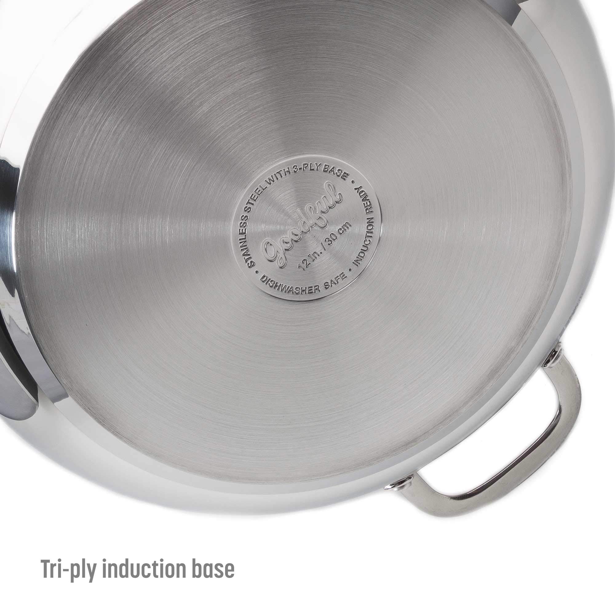 Goodful 12-Inch Stainless Steel Fry Pan with Universal Lid made from Stainless Steel and Glass Combo, Chrome