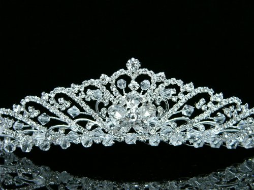 Bridal Wedding Princess Rhinestones Crystal Flower Tiara Crown - Silver Plating