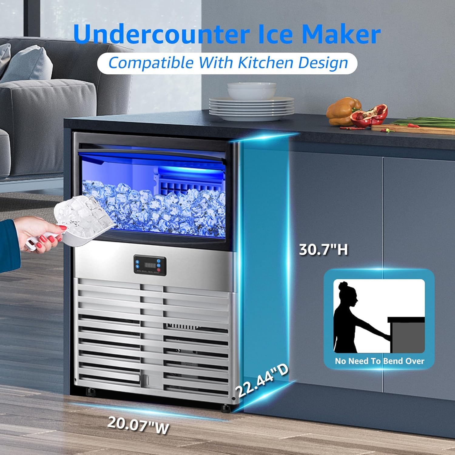 Commercial Ice Maker Machine β 88 lbs/24H Wide Stainless Steel Undercounter Freestanding Ice Machine Self Clean with Water Filter and Ice Scoop for Restaurants, Bars, Home, Offices, and Cafes