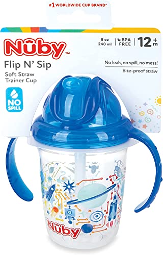 Nuby Tritan 2-Handle No-Spill Flip-it Fat Straw Printed Cup - 8oz/ 240 ml, 12+ Months, 1pk prints: space