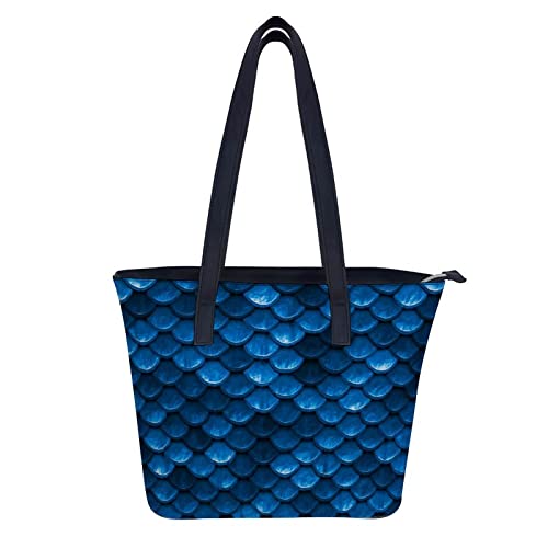 Blue Fish Scales Style Women's Tote Bag PU Leather Shoulder Bag Handbags Purse For Work Shopping Travel