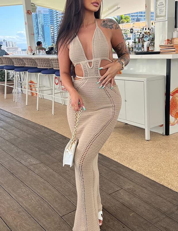 NUFIWI Sleeveless Backless Maxi Dress Open Back Slim Fit Long Dress Cut Out Bodycon Cocktail Dress Going Out Wear