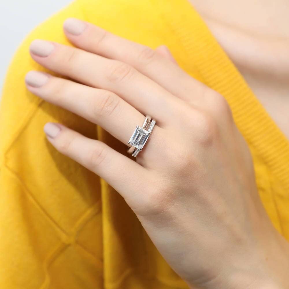 BERRICLE Sterling Silver East-West Wedding Engagement Rings Cubic Zirconia CZ Solitaire Ring Set for Women, Rhodium Plated Size 5.5