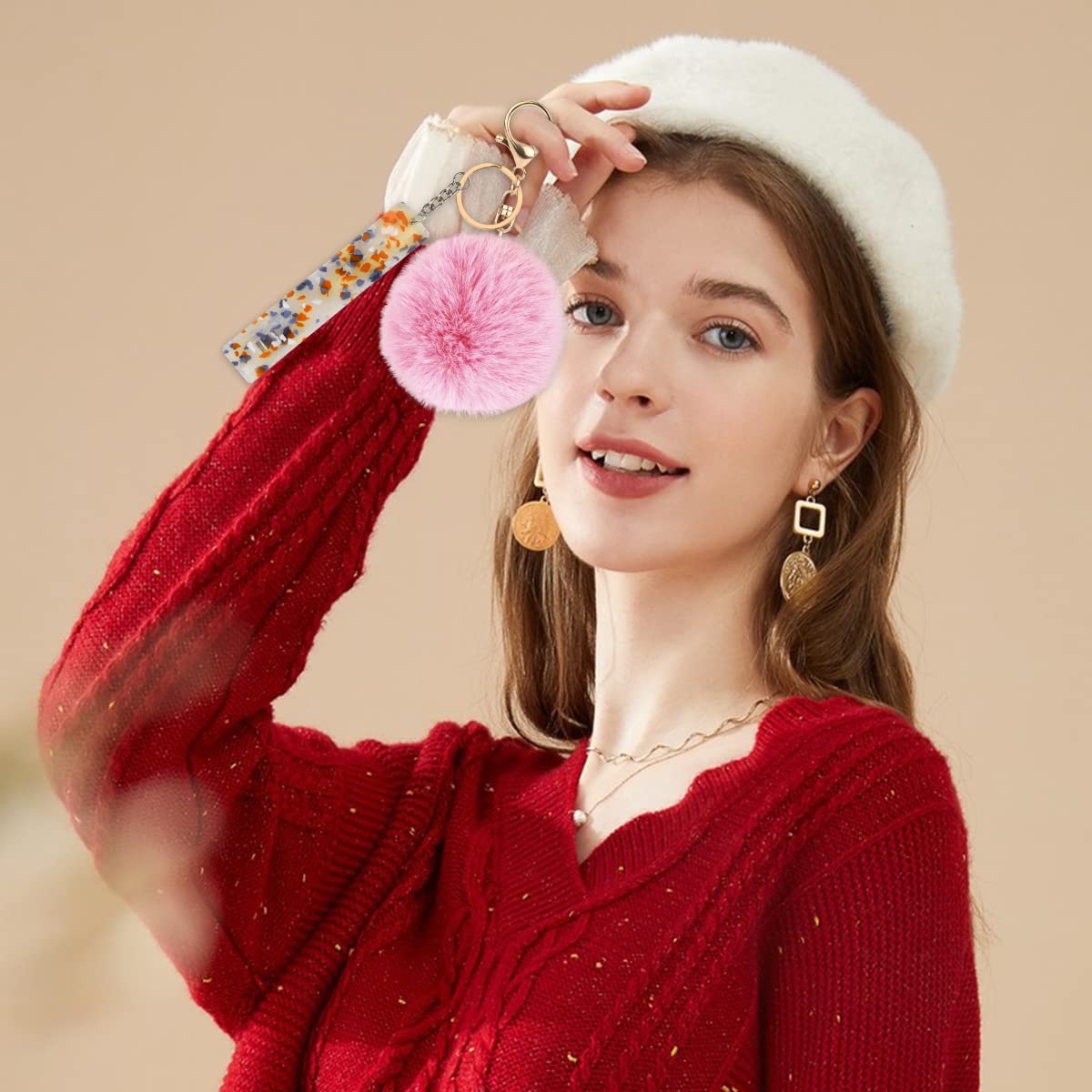 BUUFAN 6PCS Acrylic Credit Card Puller Keychain ATM Card Grabber with Cute Hairball Card Clip Keychain for Women Long Nails
