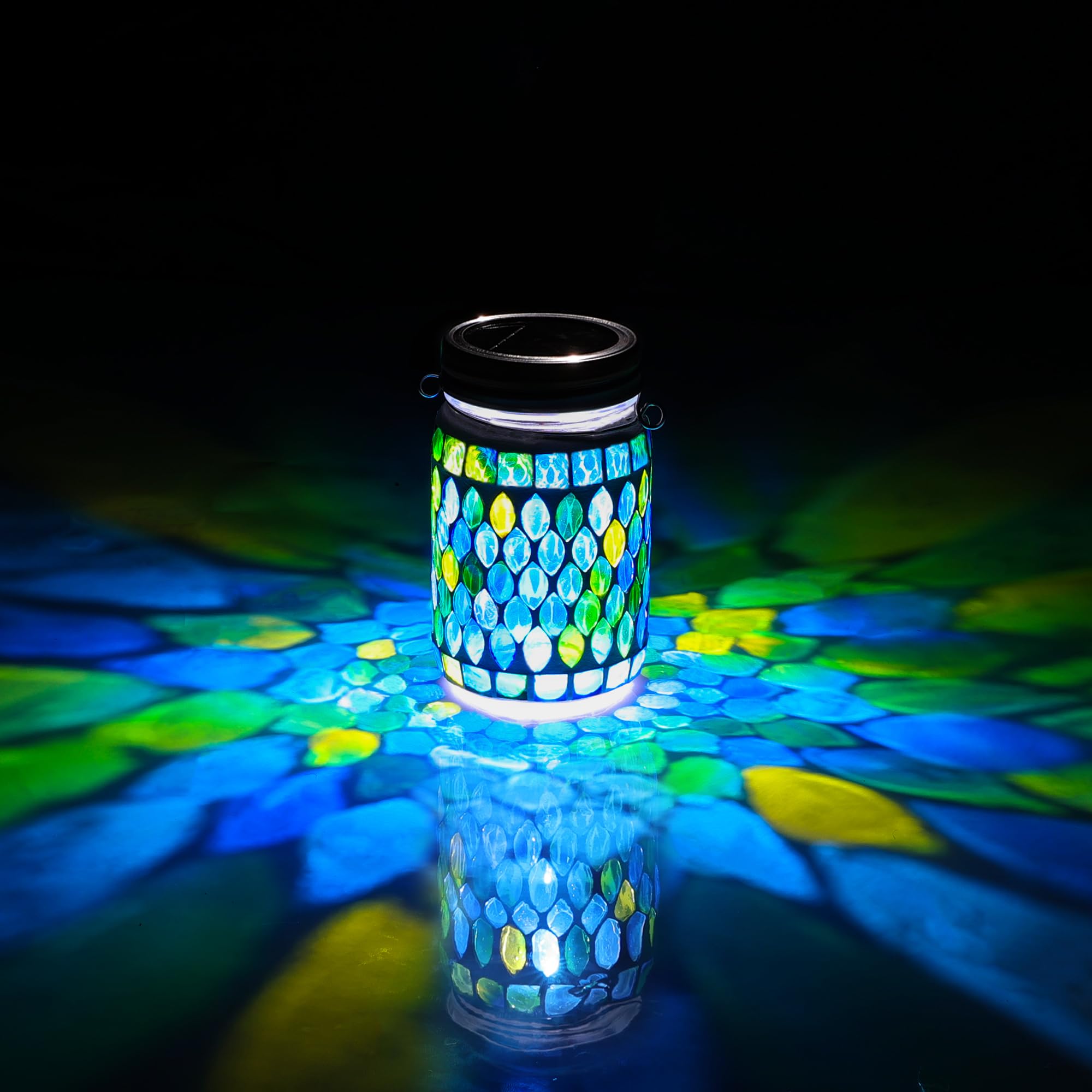 Cooo Solar Lanterns Outdoor Waterproof Jar Lights Solar Powered Table Hanging Garden Backyard Decor Lamps (Bohemian Bule Mosaic, 2)