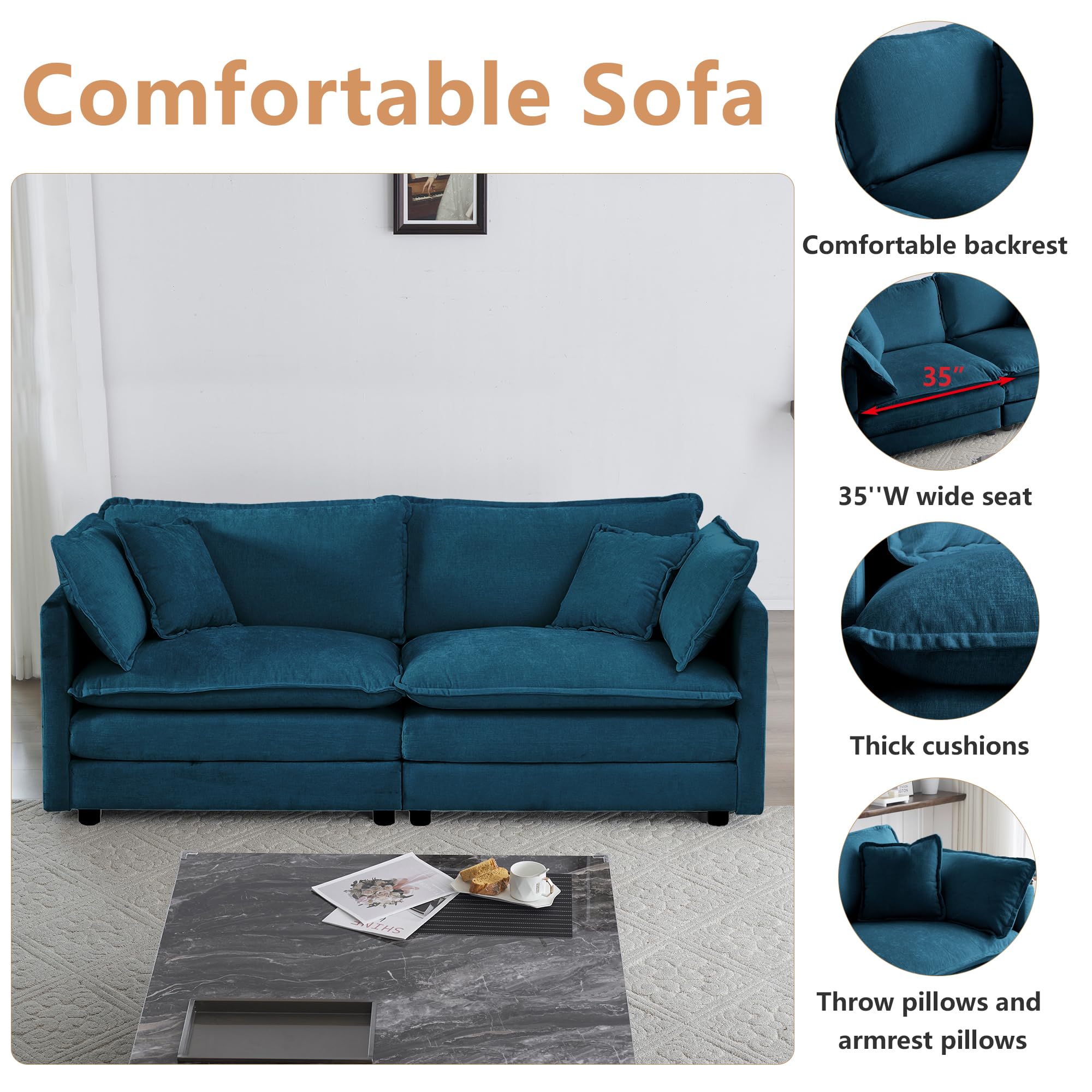 mikibama Luxury 2 Piece Sofa Set, 2 Pieces of Loveseat Sofa, Modern Chenille Comfy Cloud Couches Set for Living Room Office with 4 Armrest Pillows and 4 Toss Pillows, Blue