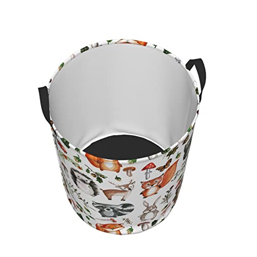 Woodland Animals Watercolor Bear Deer Squirrel Owl Mushroom Laundry Hamper With Handle Foldable Durable Laundry Basket Storage Bin Dirty Clothes Organizer Bag For Bedroom Bathroom Nursery