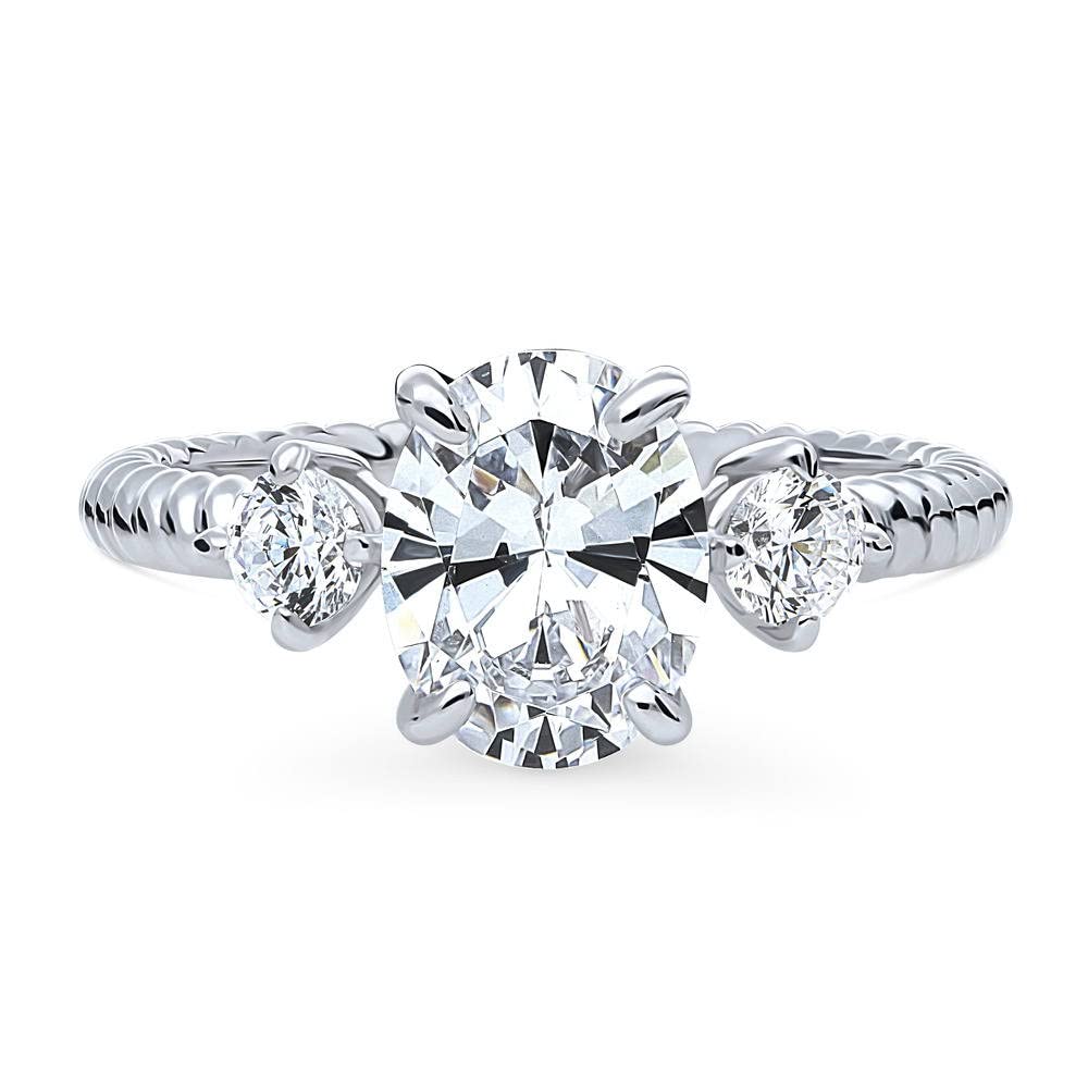BERRICLE Sterling Silver 3-Stone Wedding Engagement Rings Oval Cut Cubic Zirconia CZ Cable Ring for Women, Rhodium Plated Size 7